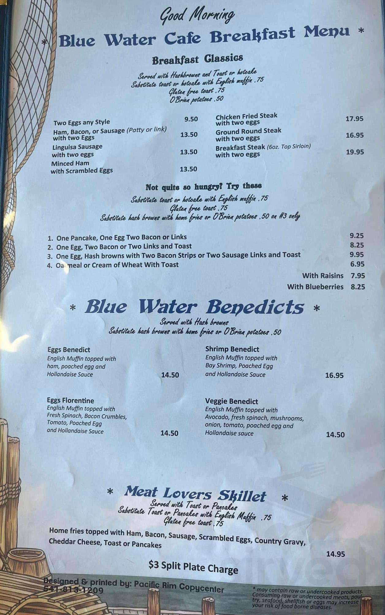 Blue Water Cafe and Lounge menu in Brookings, Oregon, USA