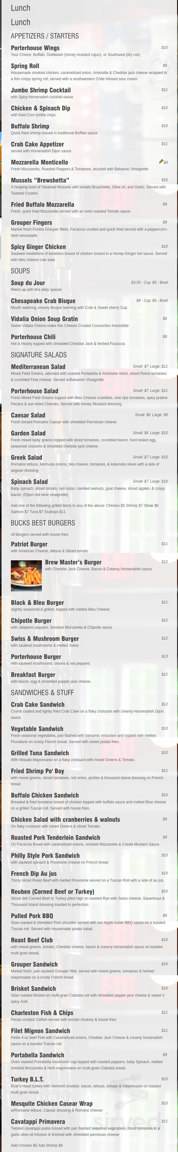 Porterhouse Restaurant & Pub menu in Lahaska, Pennsylvania, USA