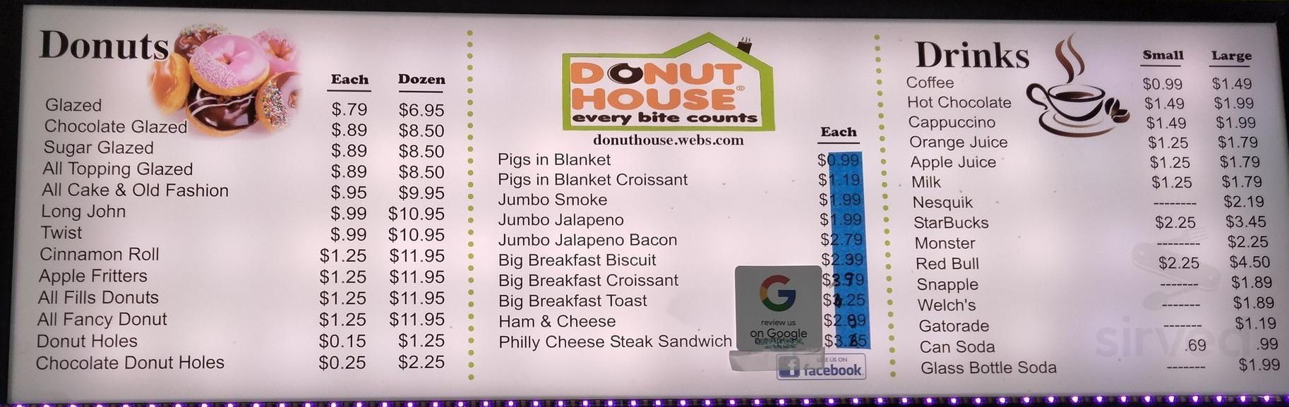 Donut House menu in Hurst, Texas, USA