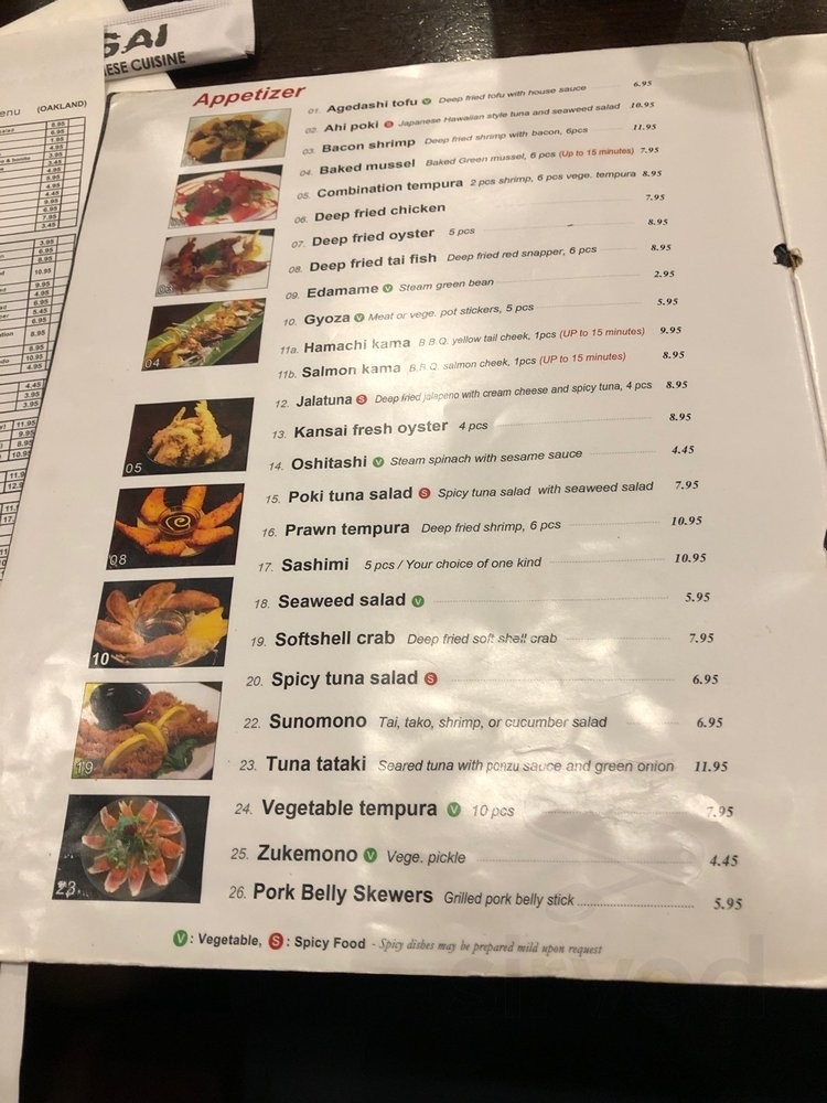 Kansai menu in Oakland, California, USA