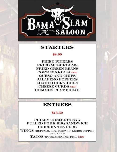 Bama Slam Saloon menu in New Brockton, Alabama, USA