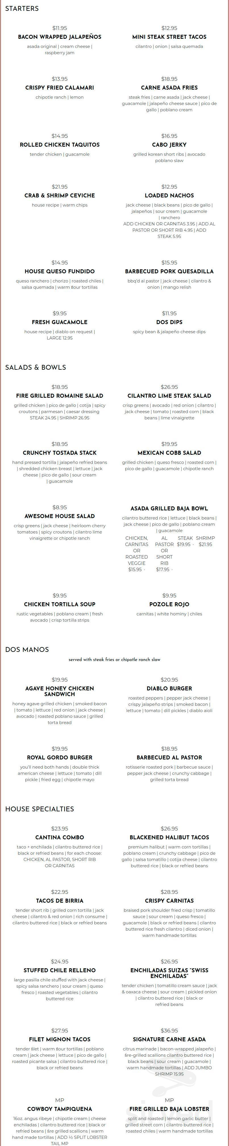 Asada Cantina + Kitchen menu in San Clemente, California, USA