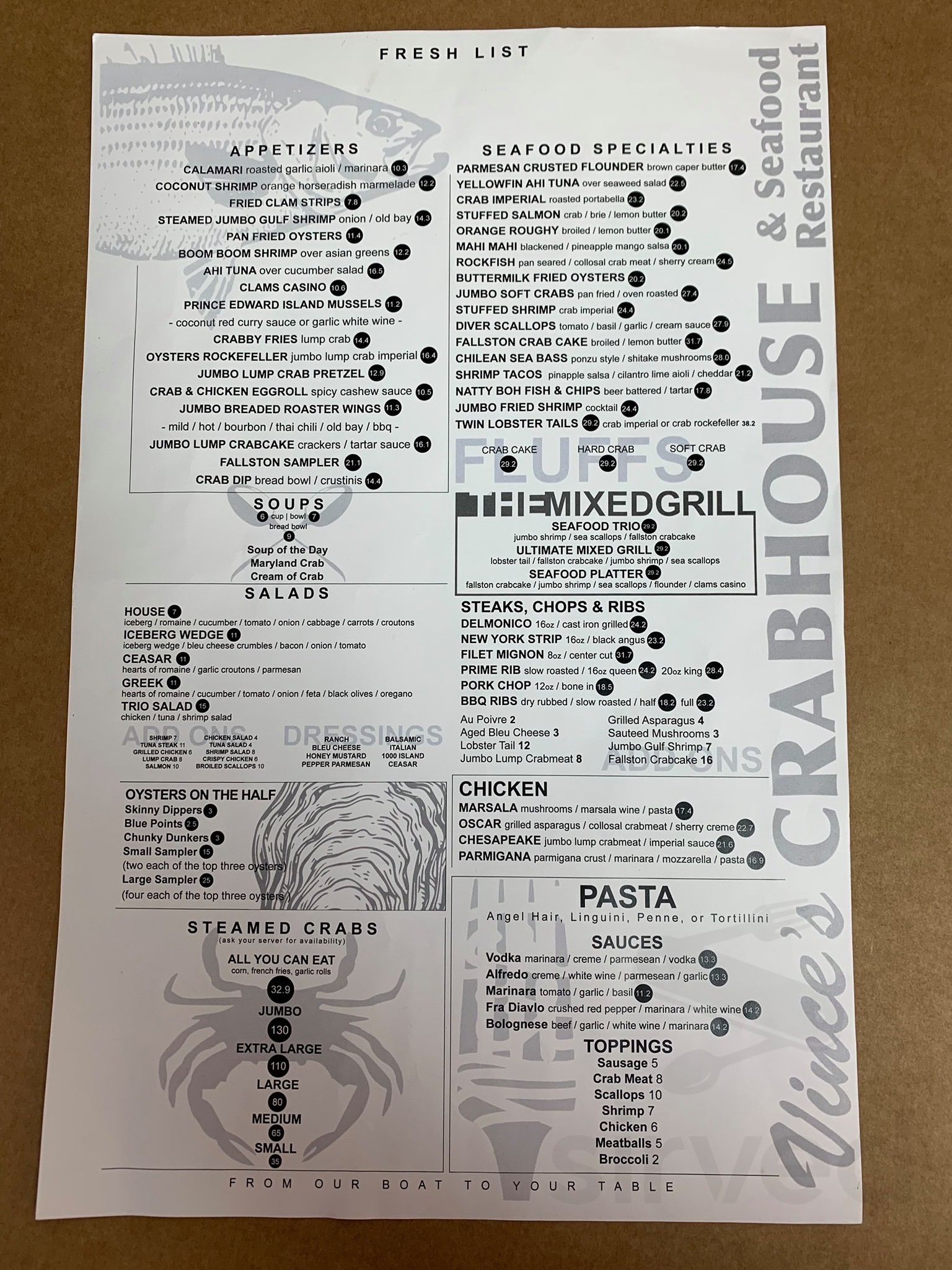 Menu for Vince's Crab House & Seafood Restaurant in Fallston, MD | Sirved