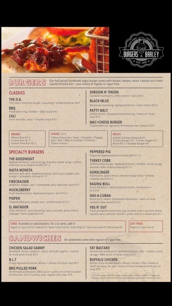 Menu - Park City UT's Burgers & Barley Park City | Sirved
