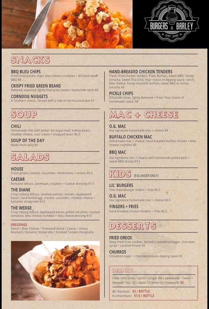 Menu - Park City UT's Burgers & Barley Park City | Sirved