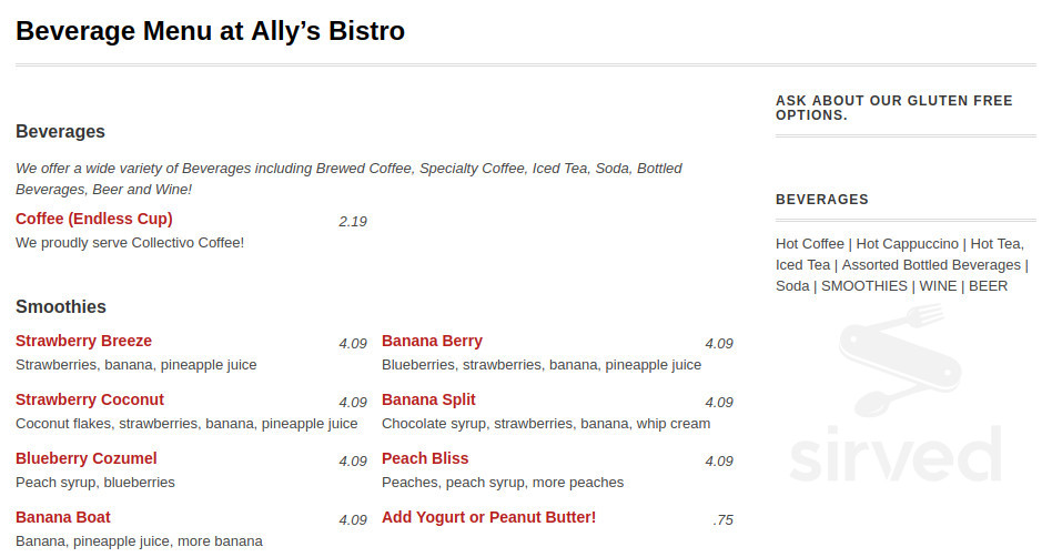 Ally's Bistro menu in Menomonee Falls, Wisconsin, USA