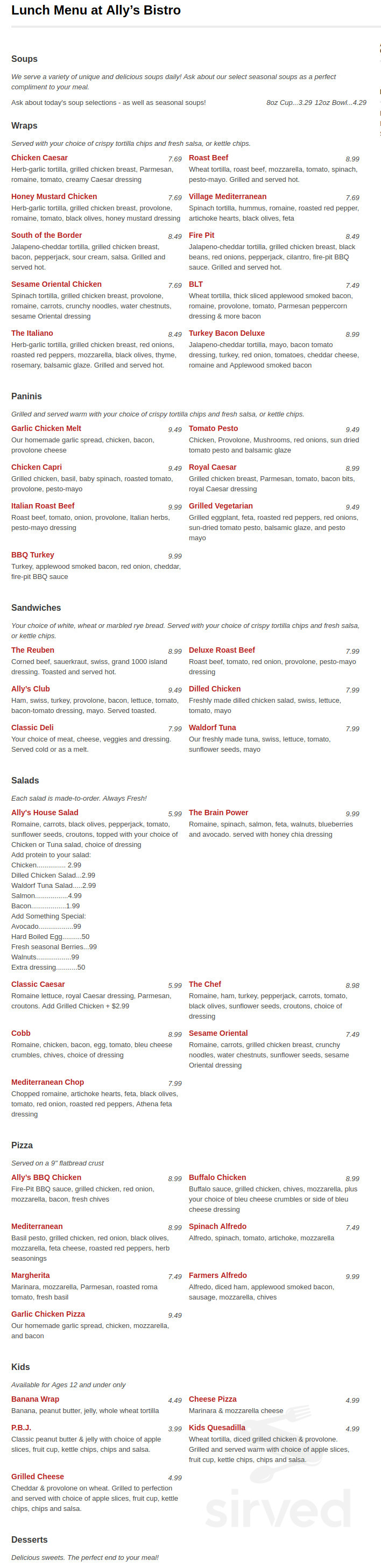 Menu for Ally's Bistro in Menomonee Falls, WI | Sirved
