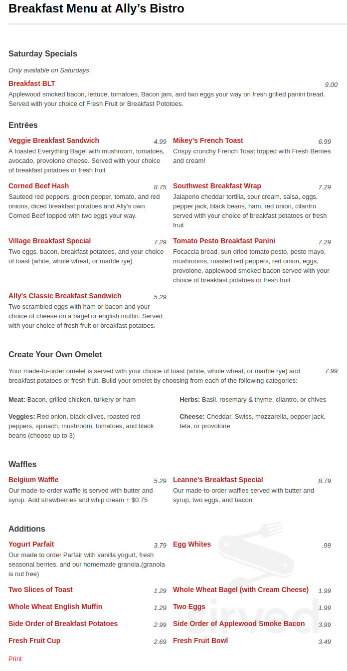 Ally's Bistro menu in Menomonee Falls, Wisconsin, USA