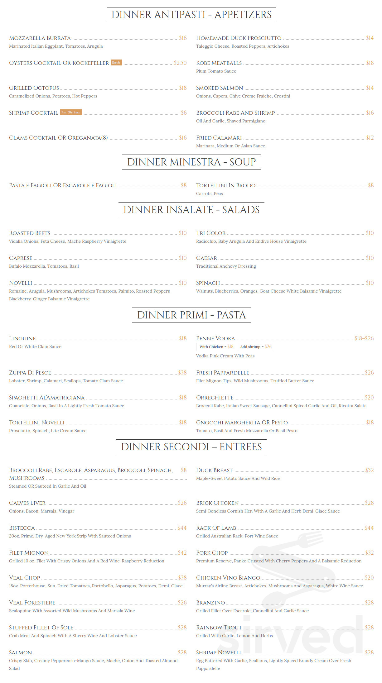 Novelli menu in Wayne, New Jersey, USA