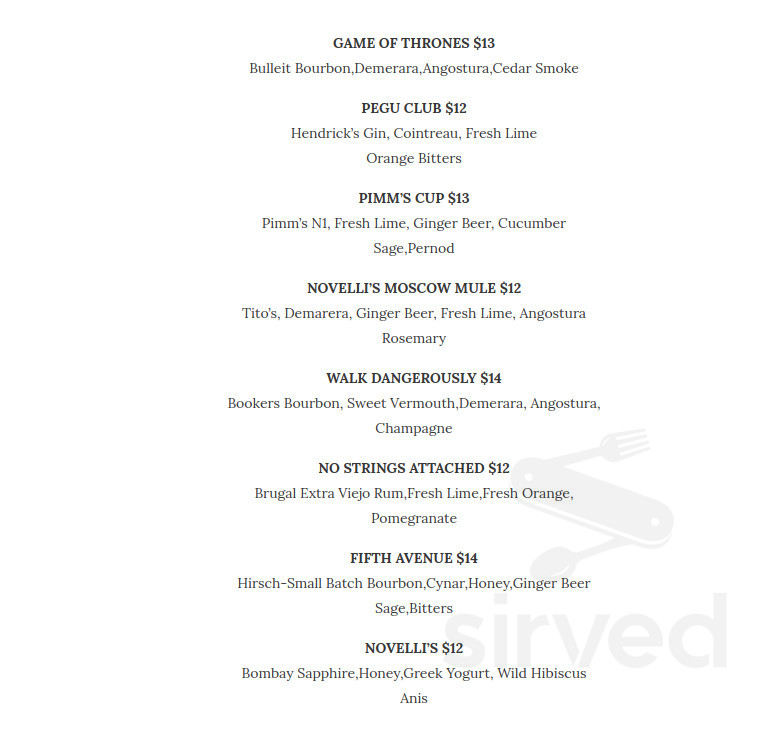 Novelli menu in Wayne, New Jersey, USA