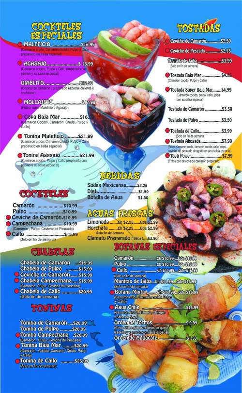 Mariscos Baja Mar menu in Tucson, Arizona, USA