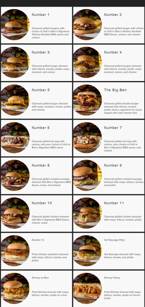 Ben's Burgers menu in Metairie, Louisiana, USA