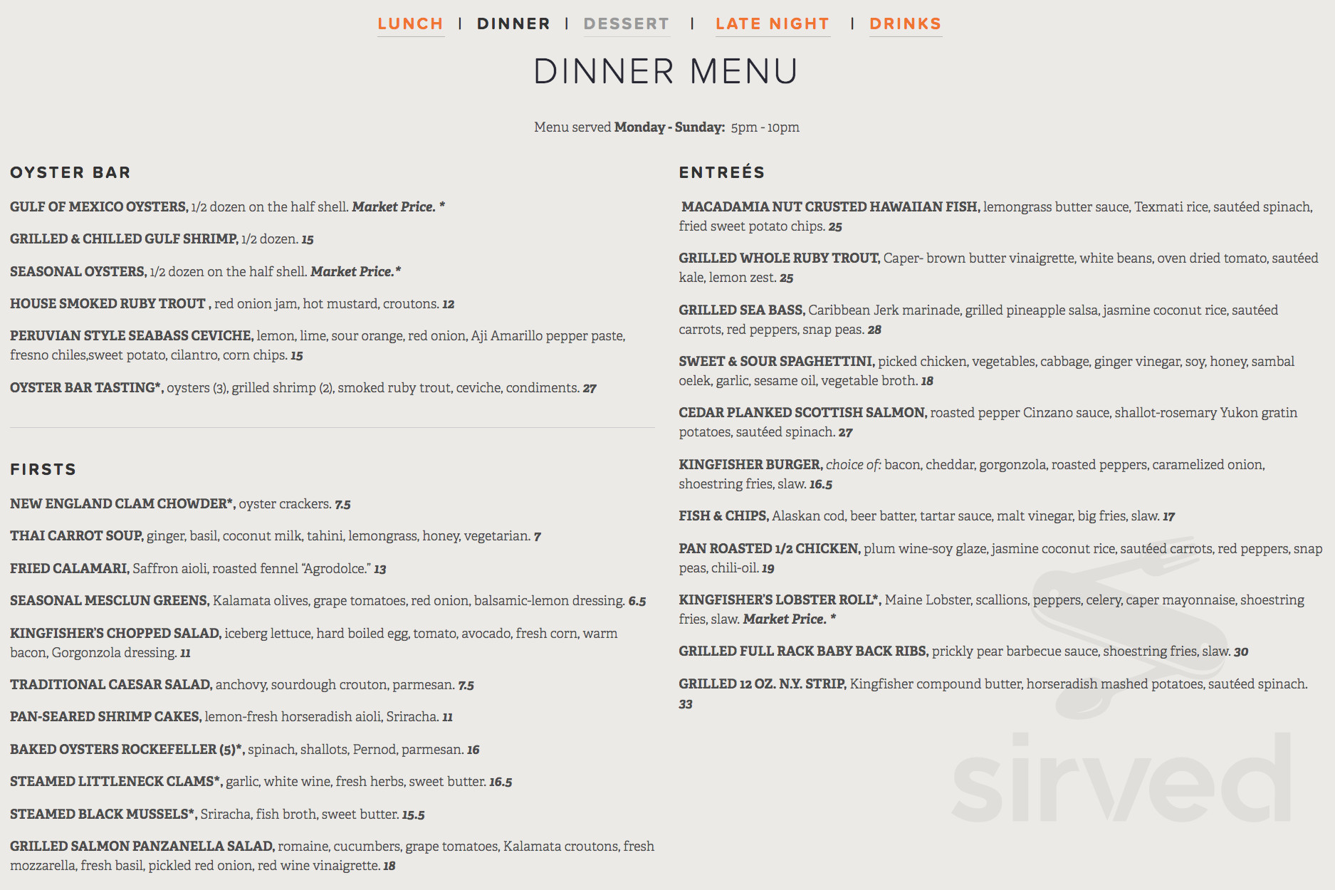 Menu for Kingfisher Bar & Grill in Tucson, AZ | Sirved