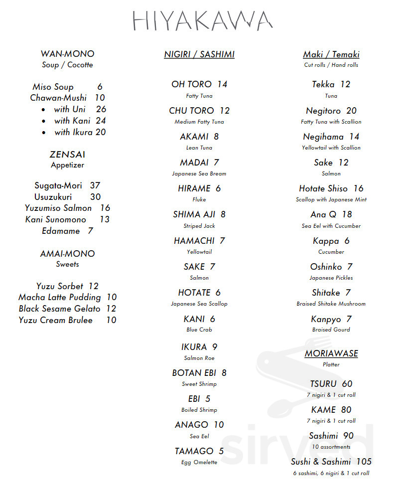 Menu - Miami FL's Hiyakawa Miami | Sirved