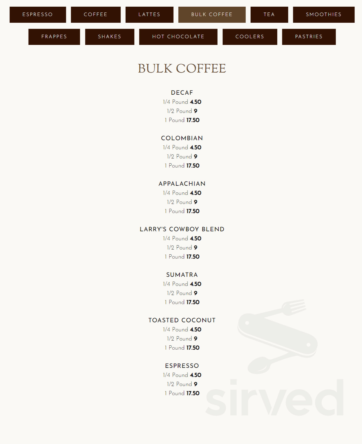 Fred & Larry's Coffee menu in Banner Elk, North Carolina, USA
