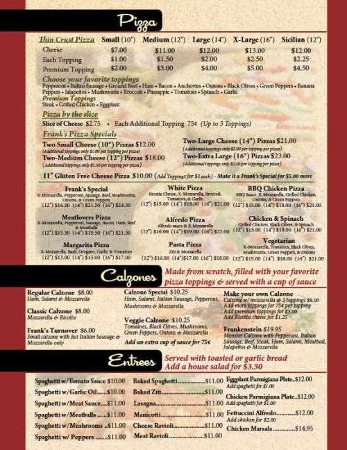 Frank's Pizza menu in Roanoke, Virginia, USA