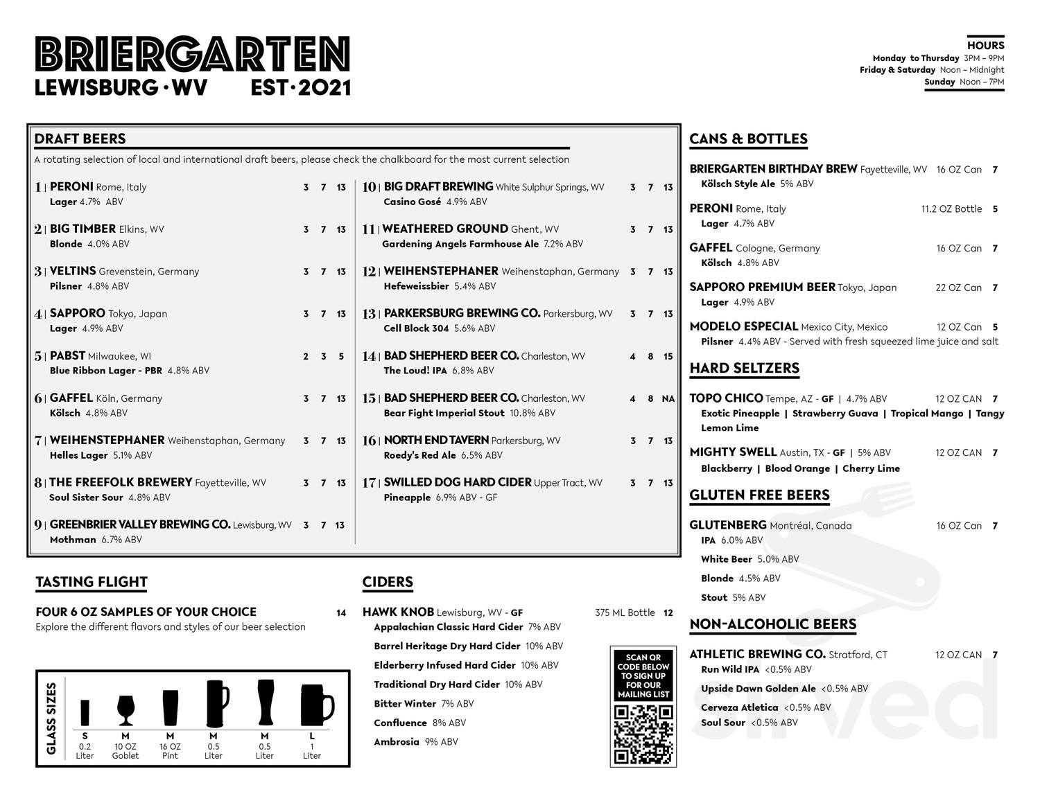Briergarten menu in Lewisburg, West Virginia, USA