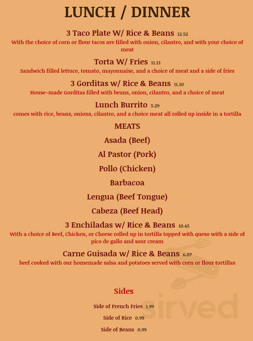 Menu - Denton TX's Las LomasTaqueria | Sirved