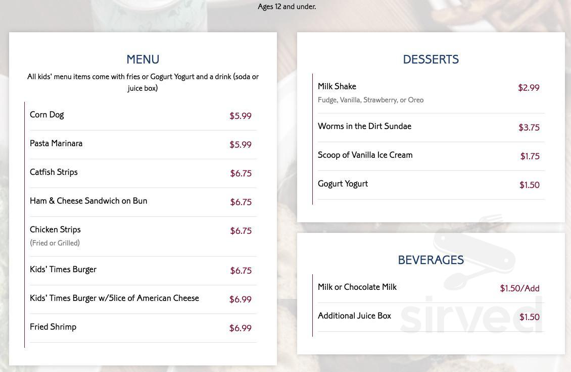 Times Grill menu in Mandeville, Louisiana, USA