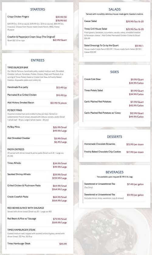 Times Grill menu in Mandeville, Louisiana, USA