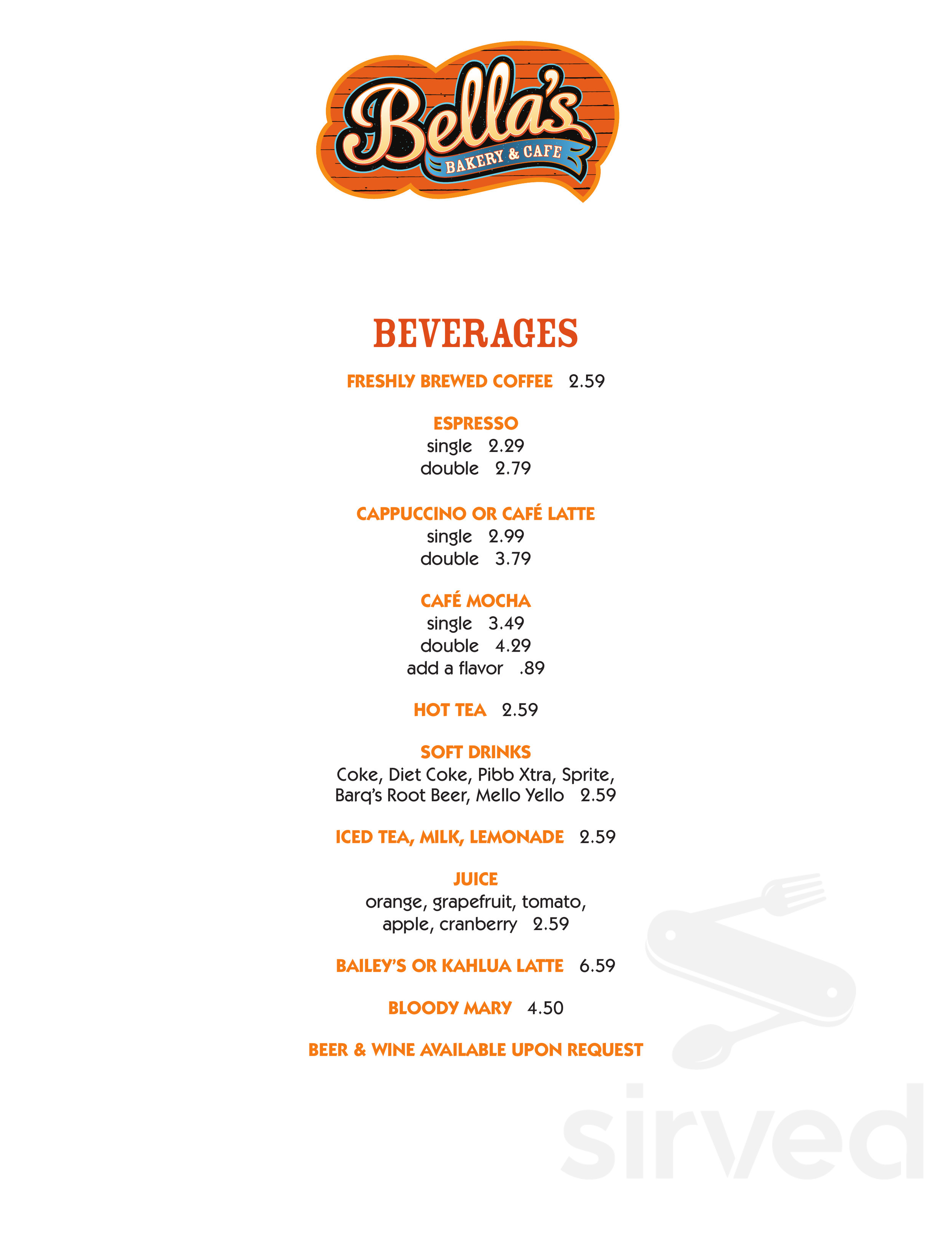 Bella's Bakery & Cafe menu in Council Bluffs, Iowa, USA