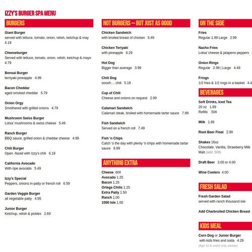 Izzy's Burger Spa menu in South Lake Tahoe, California, USA