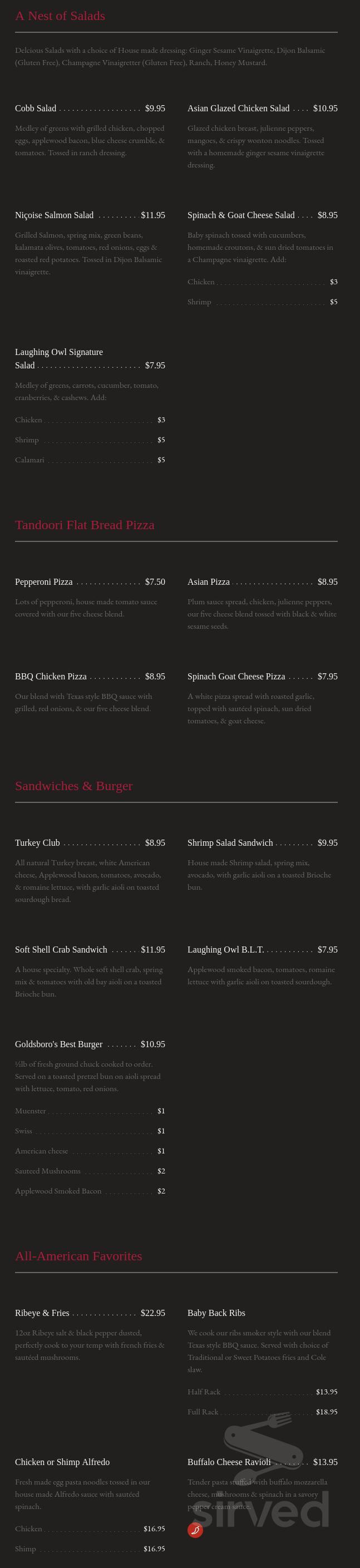 The Laughing Owl Restaurant menu in Goldsboro, North Carolina, USA