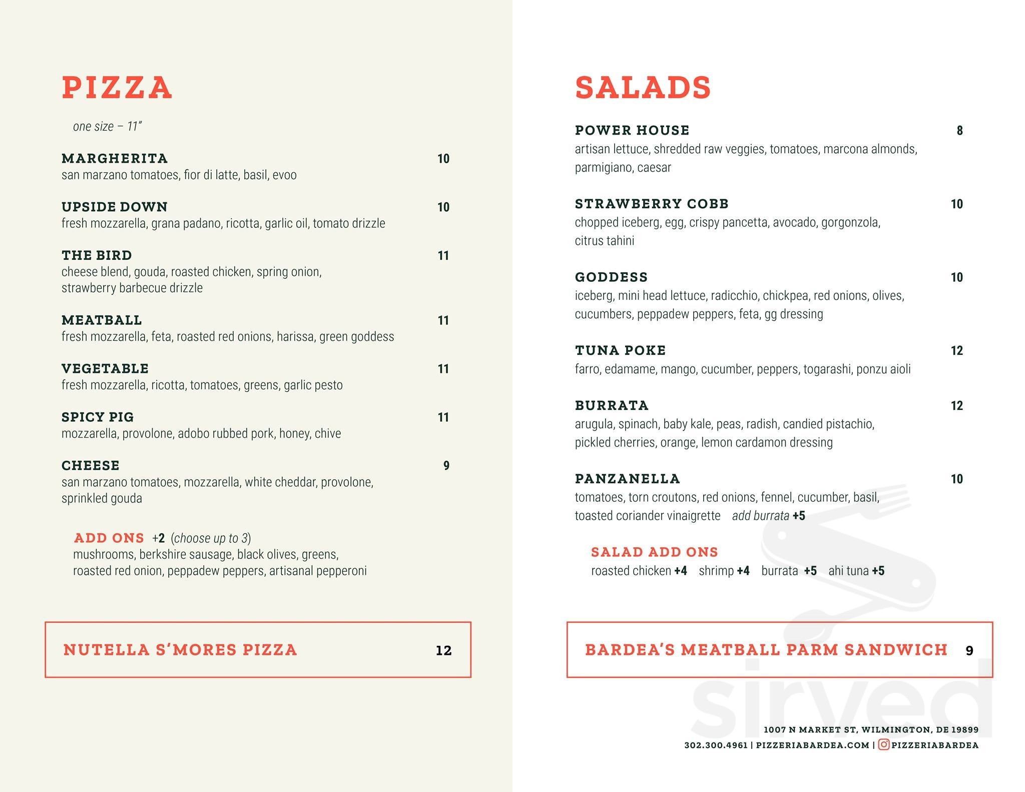 Pizzeria Bardea menu in Wilmington, Delaware, USA
