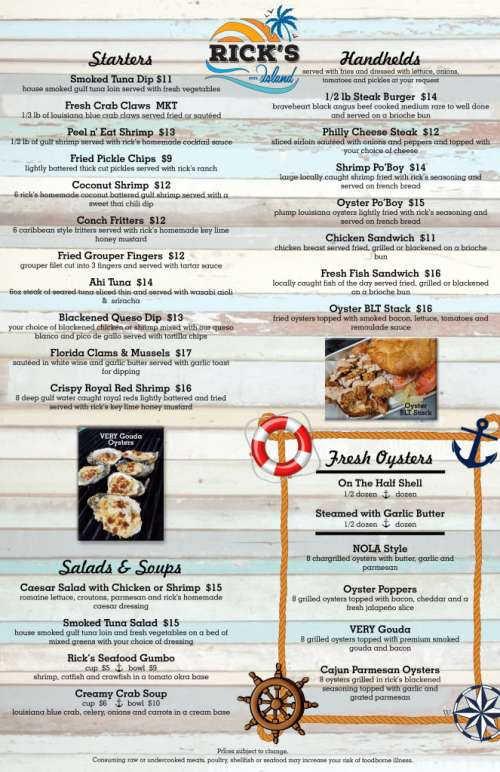 Rick's on the Island & Island Pizza menu in Okaloosa Island, Florida, USA