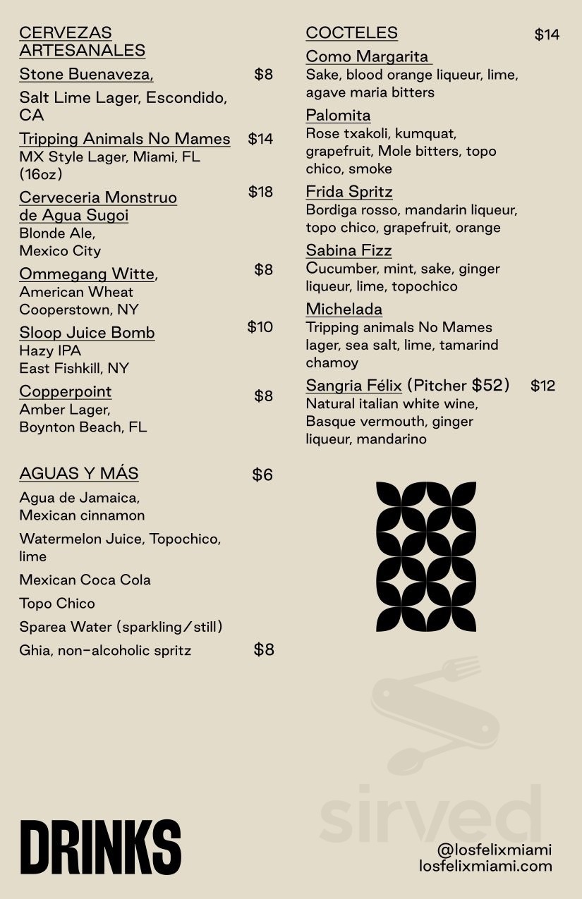 Los Félix Miami menu in Miami, Florida, USA