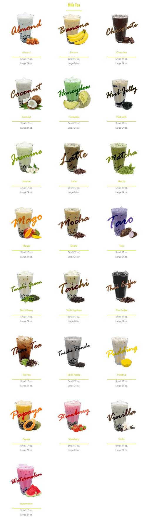 Taichi Bubble Tea menu in Victor, New York, USA