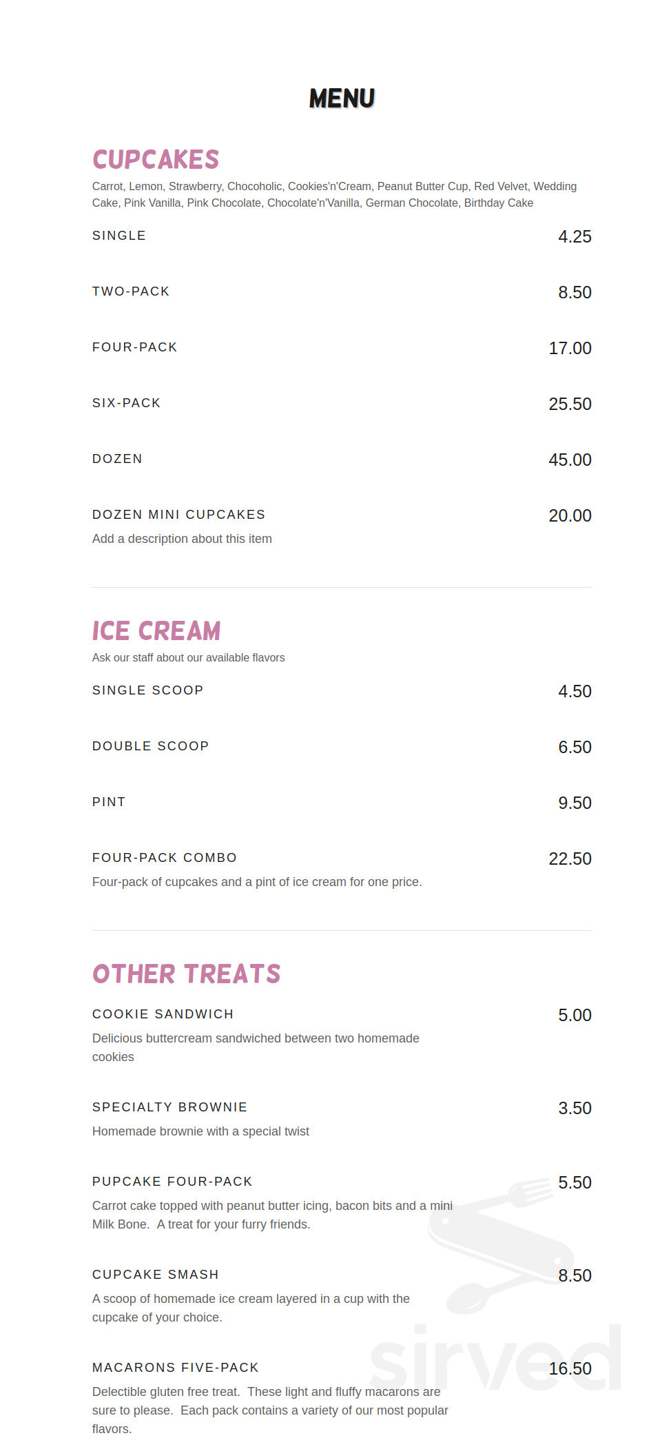 Smallcakes Cupcakery & Creamery menu in Keller, Texas, USA