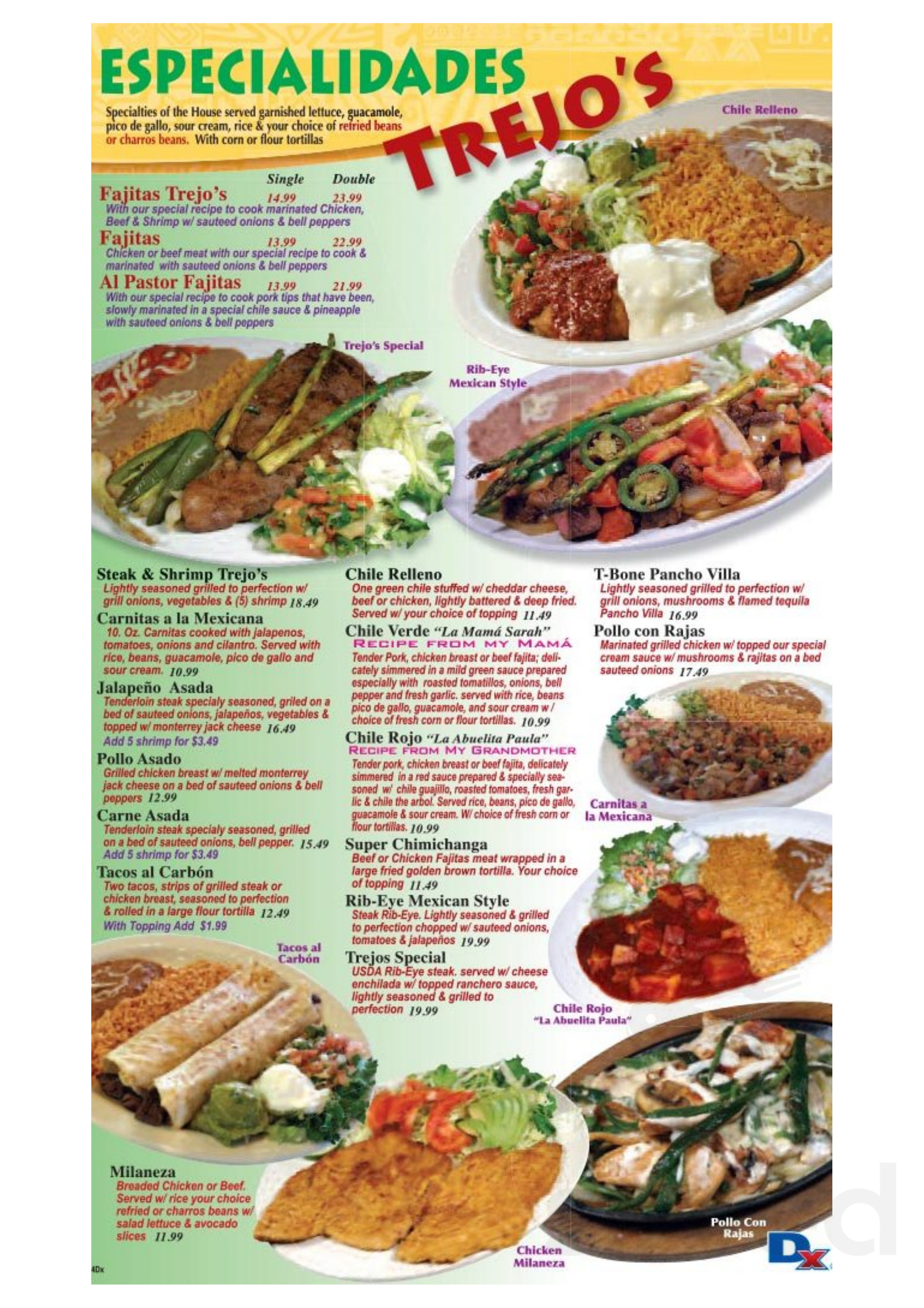 Menu - Hot Springs AK's Trejo's Del Lago | Sirved