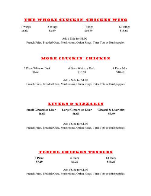 What's Cluckin menu in Plano, Texas, USA