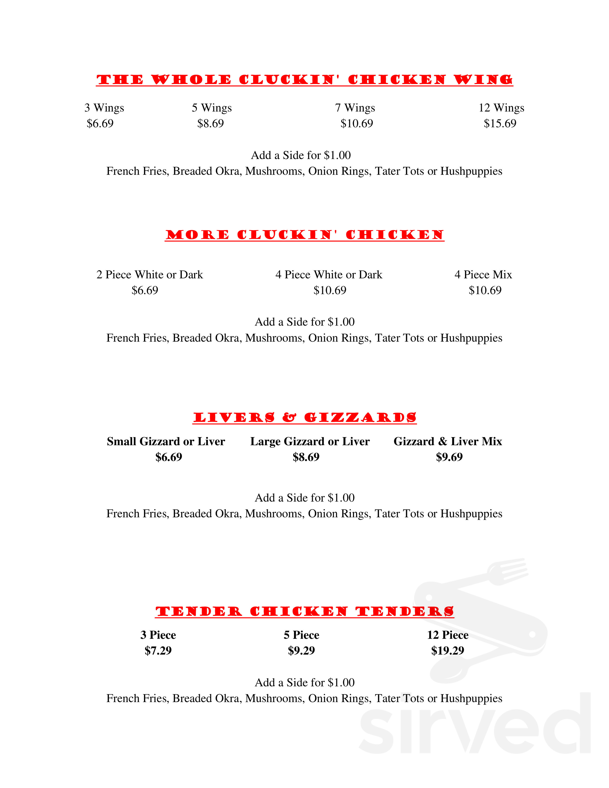 What's Cluckin menu in Plano, Texas, USA