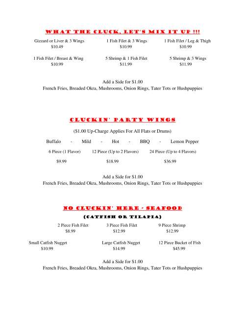 What's Cluckin menu in Plano, Texas, USA