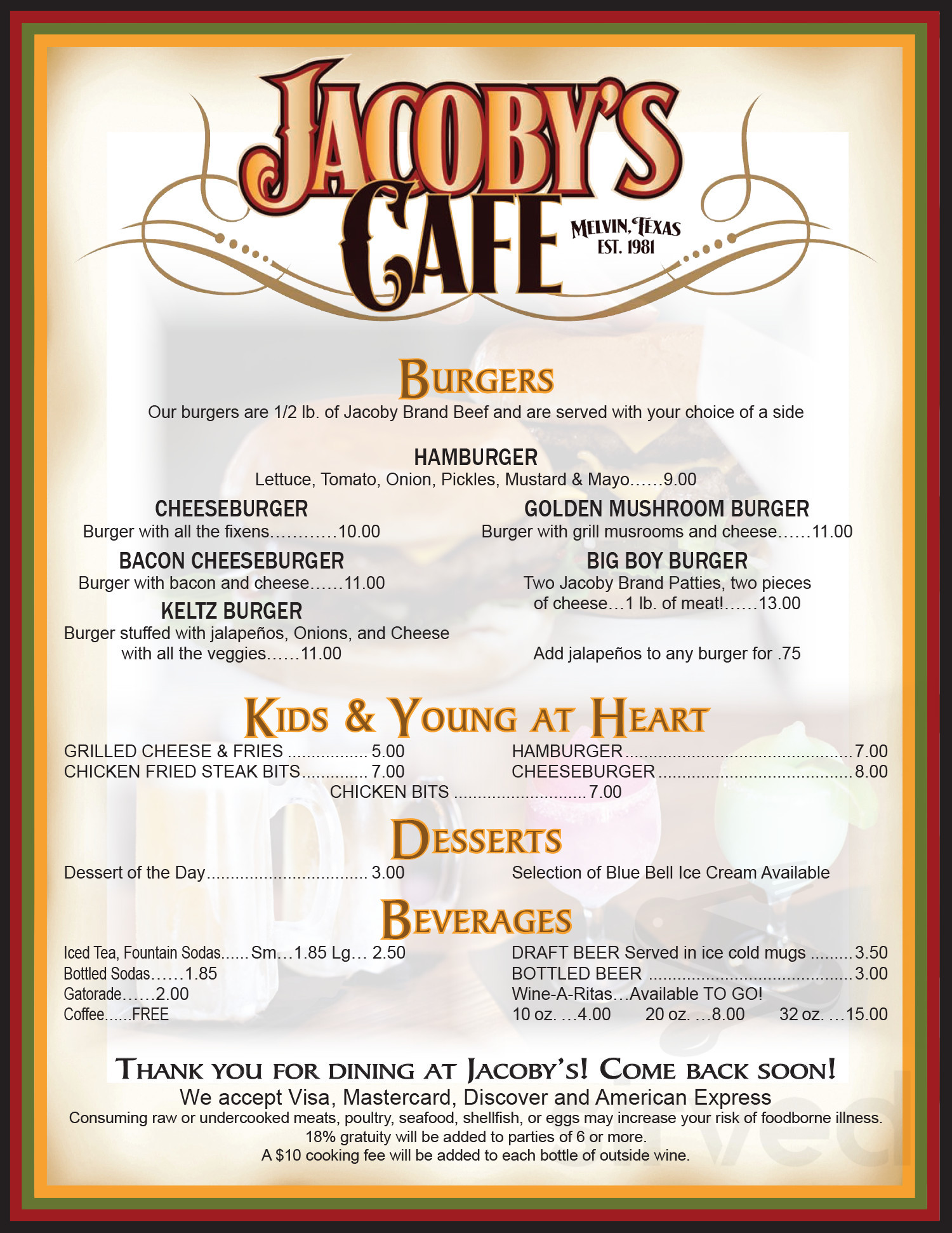 Jacoby Feed & Seed menu in Melvin, Texas, USA