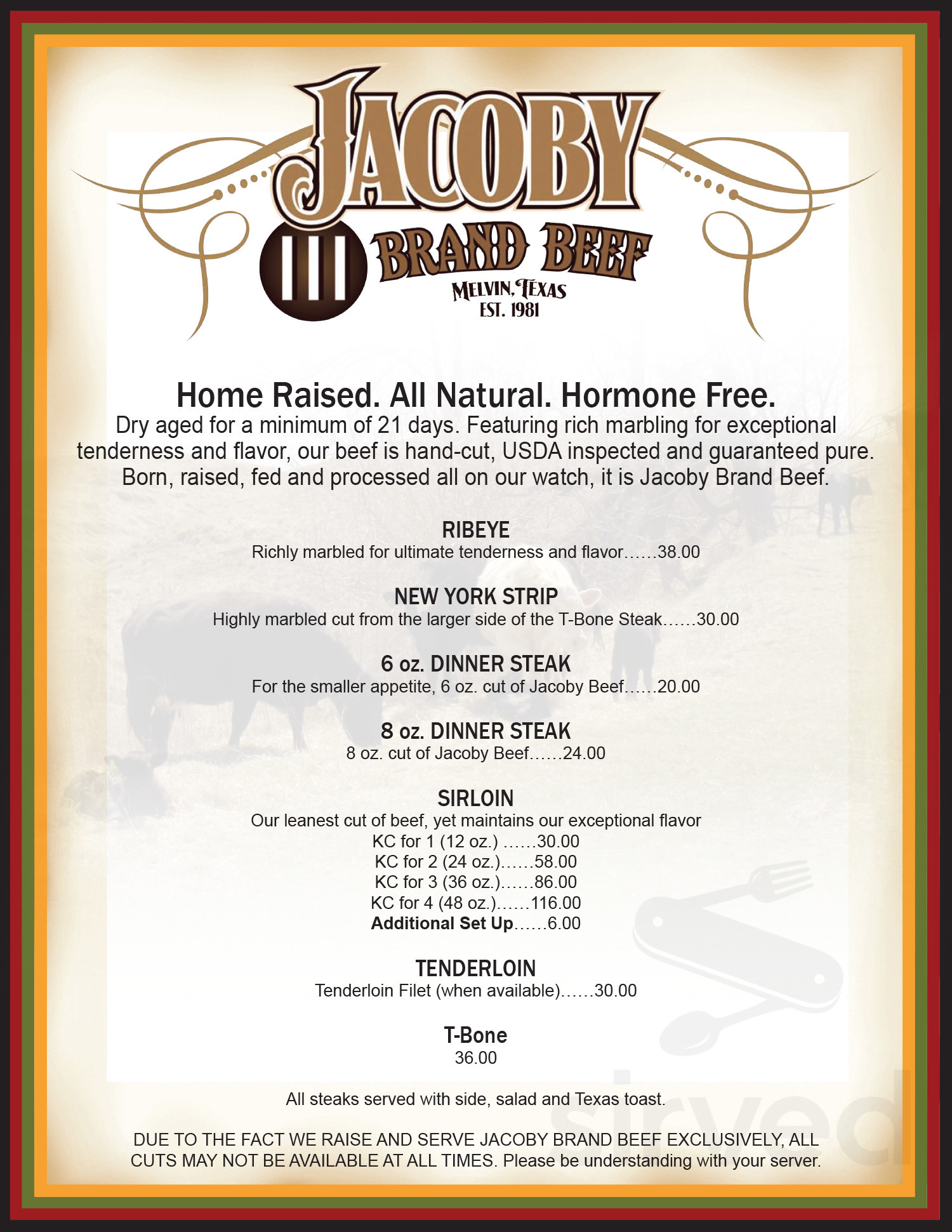 Jacoby Feed & Seed menu in Melvin, Texas, USA