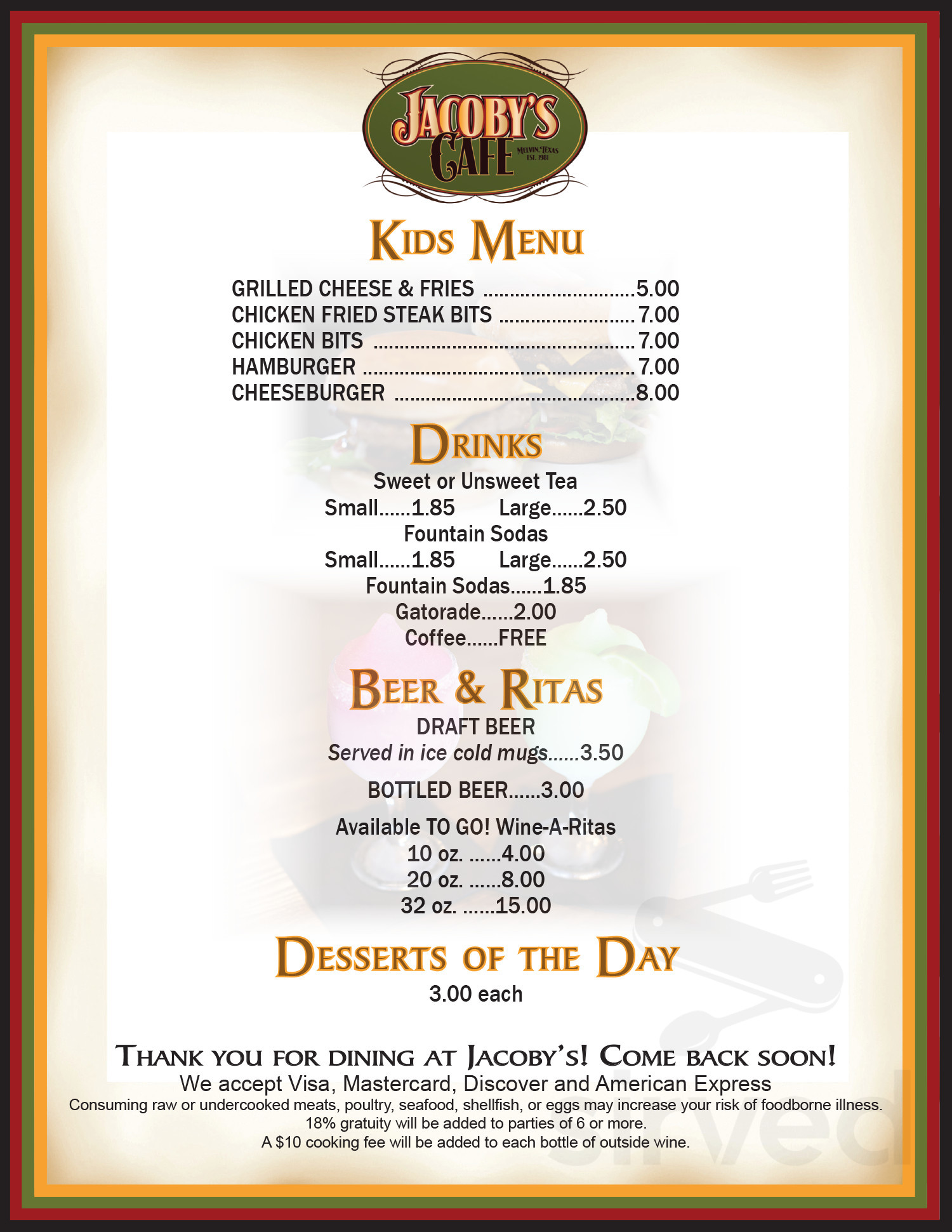 Jacoby Feed & Seed menu in Melvin, Texas, USA