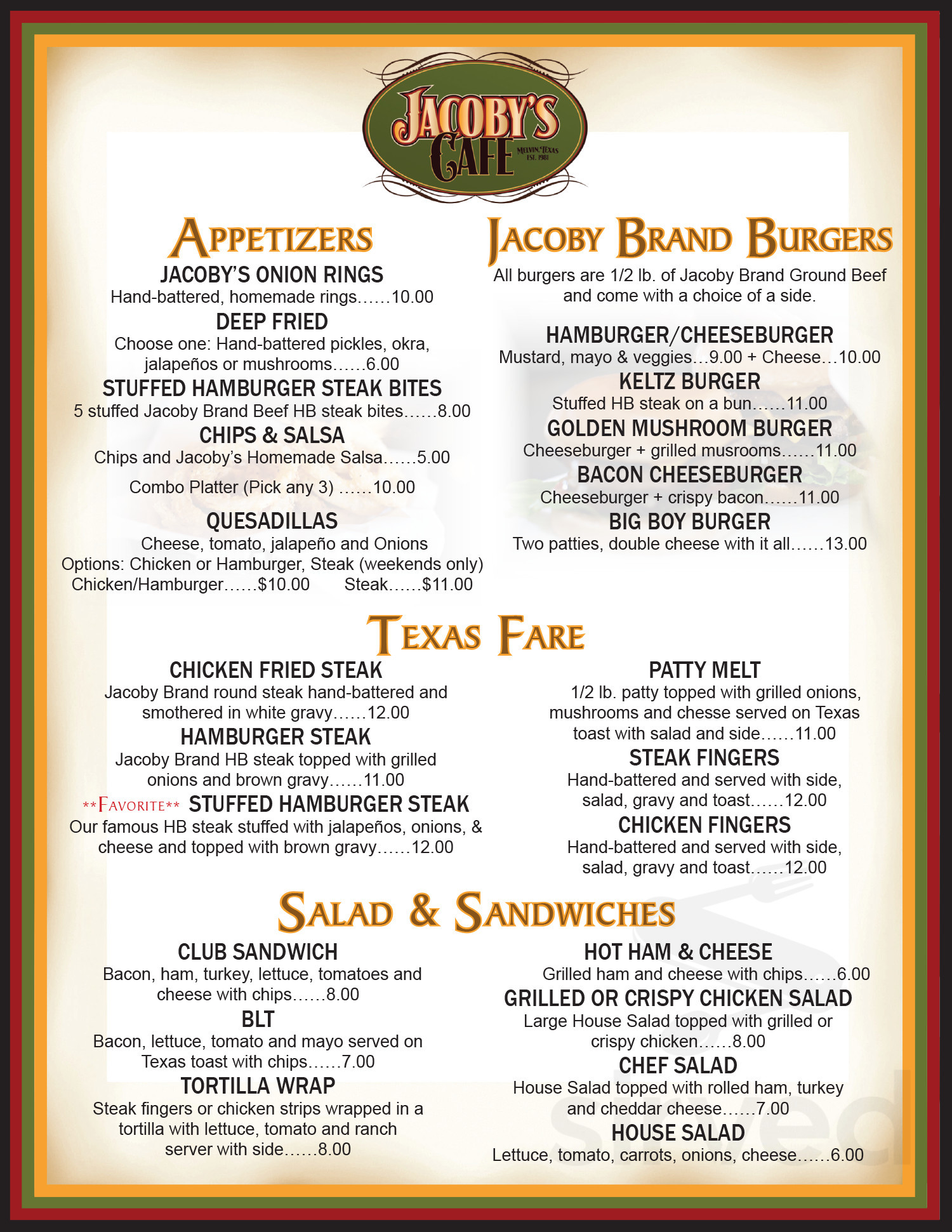 Jacoby Feed & Seed menu in Melvin, Texas, USA