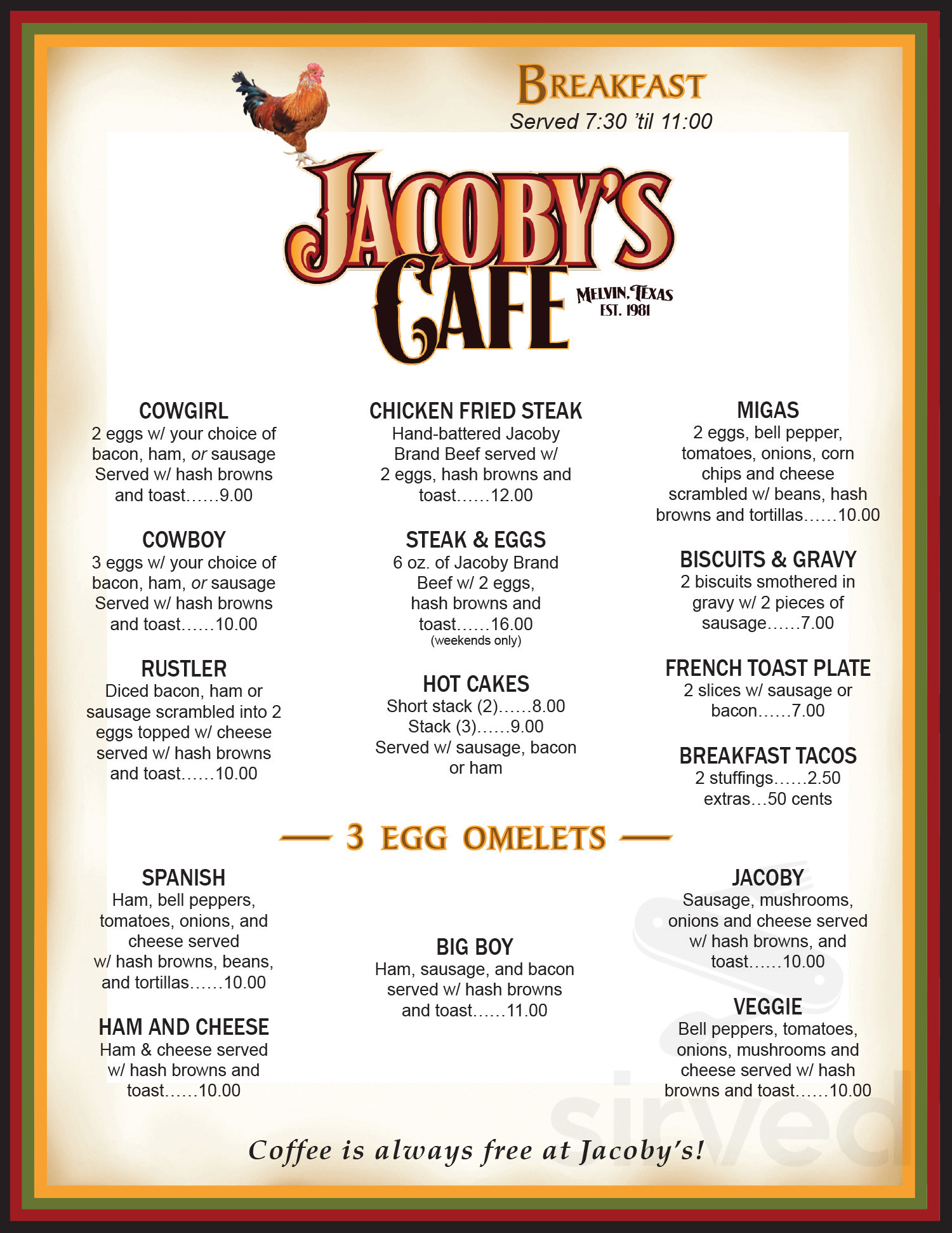 Menu - Melvin TX's Jacoby Feed & Seed | Sirved