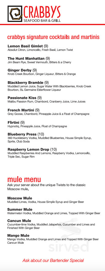 Menu for Crabby's in Joplin, MO | Sirved