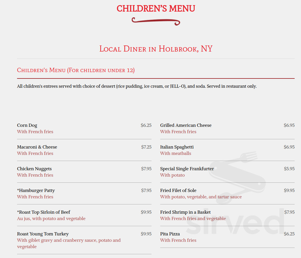 Holbrook Diner menu in Holbrook, New York, USA