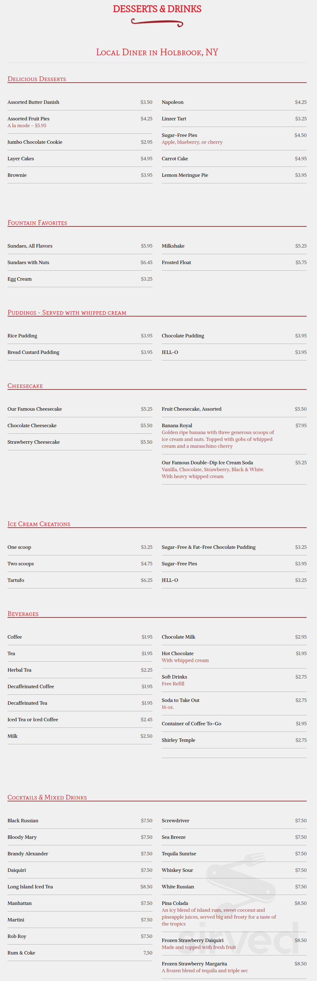 Holbrook Diner menu in Holbrook, New York, USA