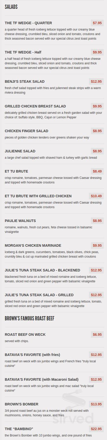 T F Brown's Restaurant menu in Batavia, New York, USA