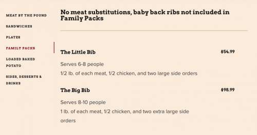 The Big Bib BBQ menu in San Antonio, Texas, USA