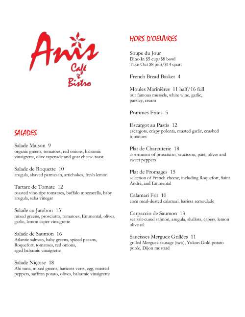 Anis Cafe & Bistro menu in Atlanta, Georgia, USA
