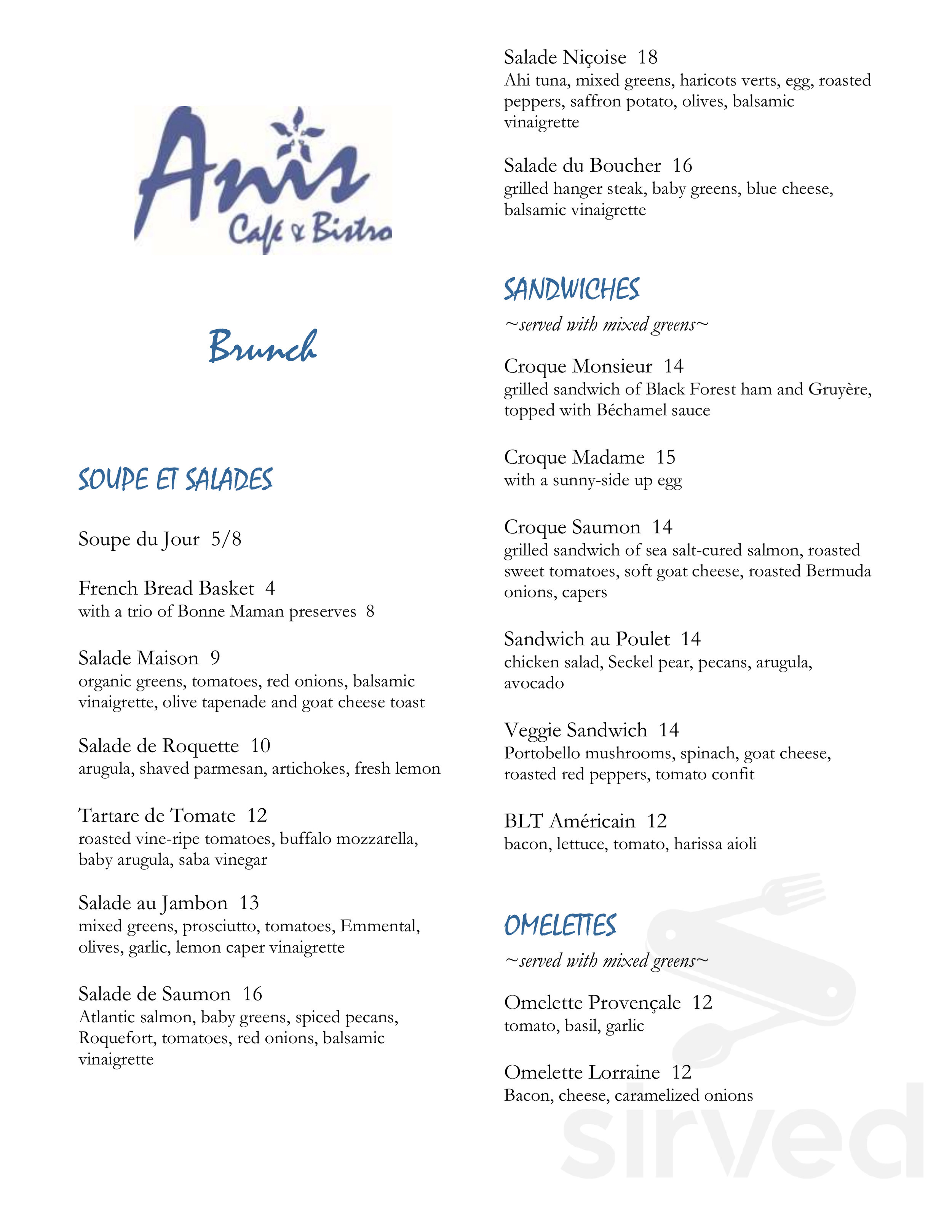 Anis Cafe & Bistro menu in Atlanta, Georgia, USA