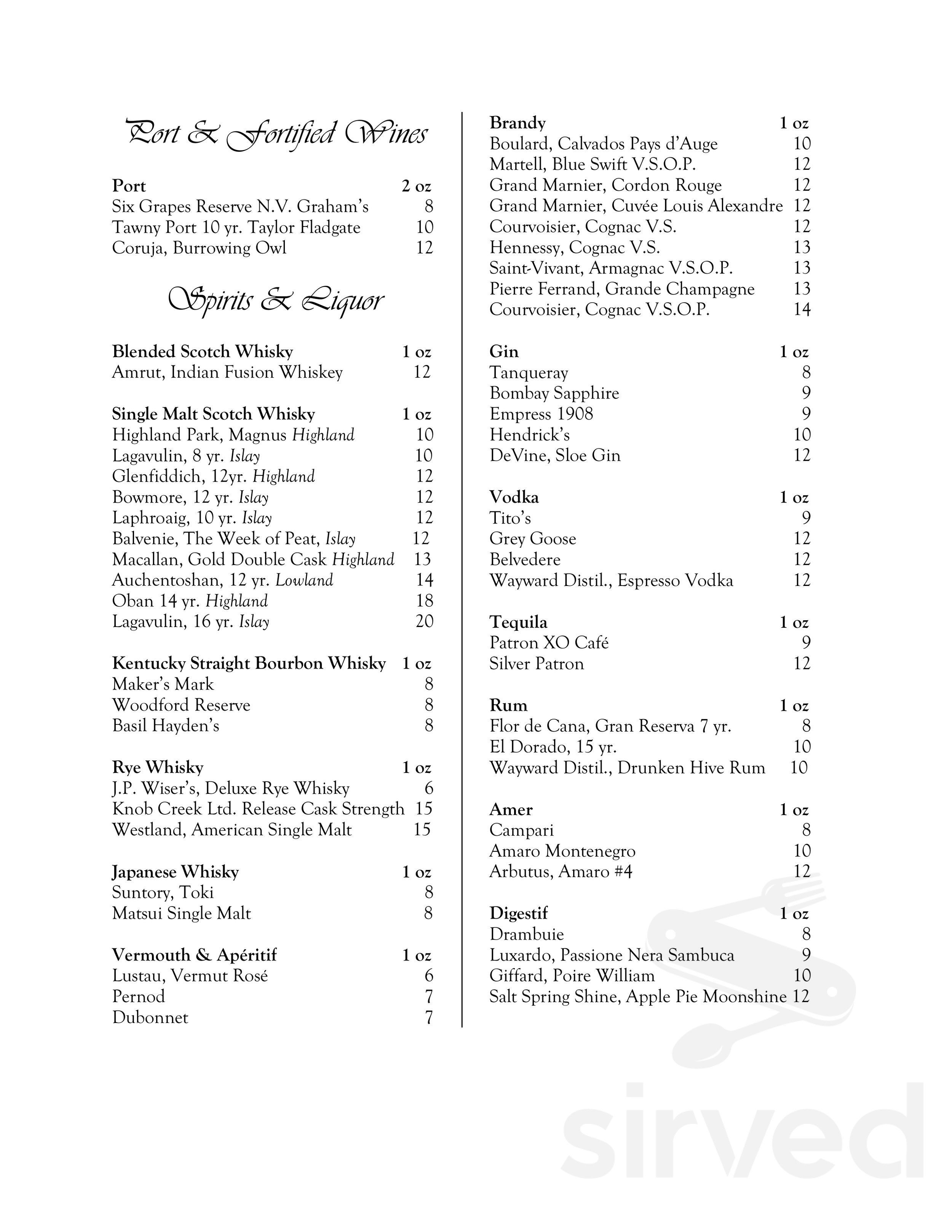 Manor Dining menu in Salt Spring Island, British Columbia, Canada