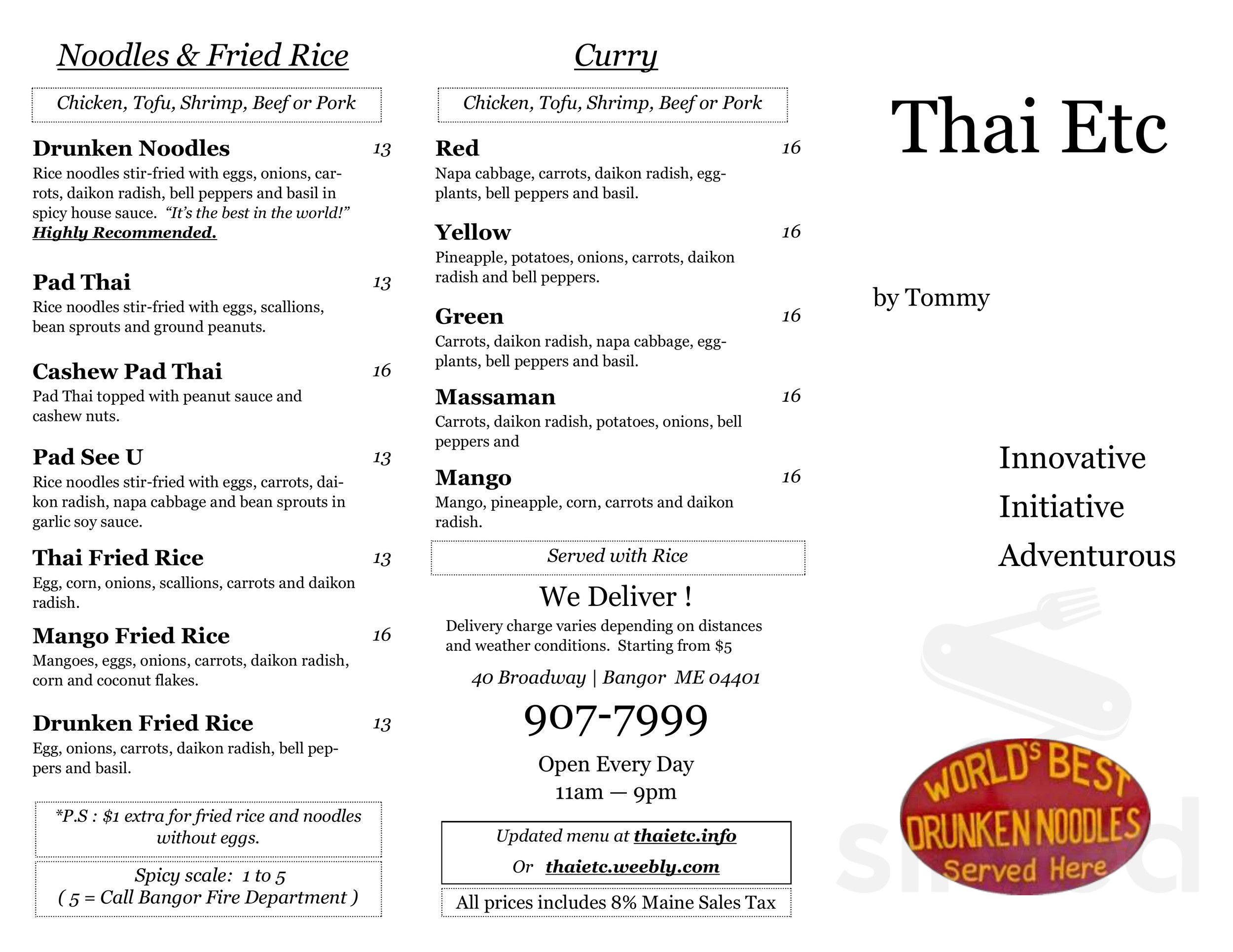 Thai Etc (formerly Thai 2 Go) menu in Bangor, Maine, USA